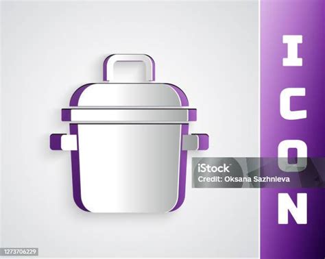 회색 배경에 격리 된 조리 냄비 아이콘을 잘라 종이 끓이거나 음식 기호를 스튜 종이 아트 스타일 벡터 3차원 형태에 대한 스톡 벡터 아트 및 기타 이미지 Istock