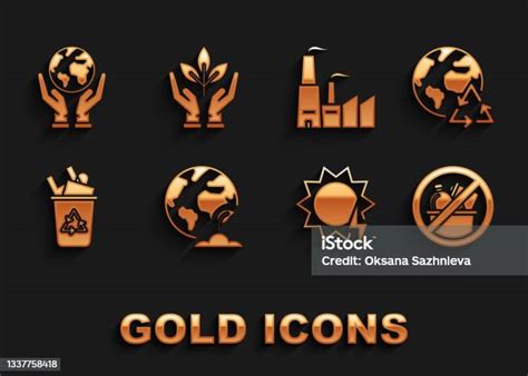 지구 지구와 식물 행성 지구 재활용 쓰레기 없음 태양 에너지 패널 재활용 기호가있는 휴지통 공장 인간의 손 잡고 환경 보호 아이콘을 설정합니다 벡터 개념에 대한 스톡 벡터