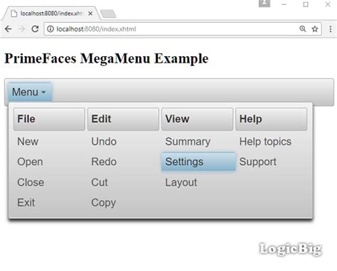 PrimeFaces MegaMenu Example