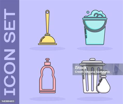쓰레기통과 쓰레기 봉투 화장실 플런저 액체 식기 세척액용 플라스틱 병 거품과 거품 아이콘이 있는 양동이를 설정합니다 벡터 가사 집안일에 대한 스톡 벡터 아트 및 기타 이미지