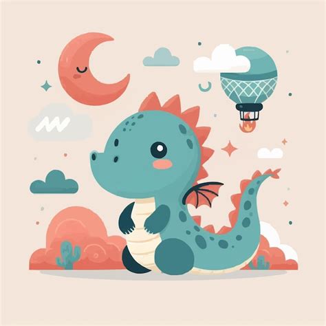 카와이 스타일의 귀여운 드래곤의 평평한 일러스트레이션입니다 프리미엄 벡터