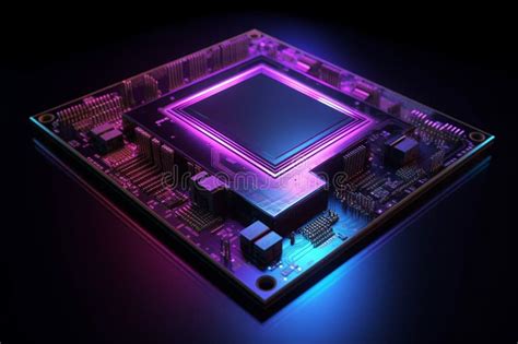 Highly Advanced Microchip Processor With A Series Of Blue And Purple Lights Illuminating Its