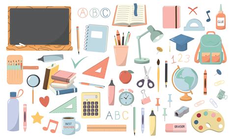 Set Of Cartoon School Stationery Items Accessories And Elements For Education Vector