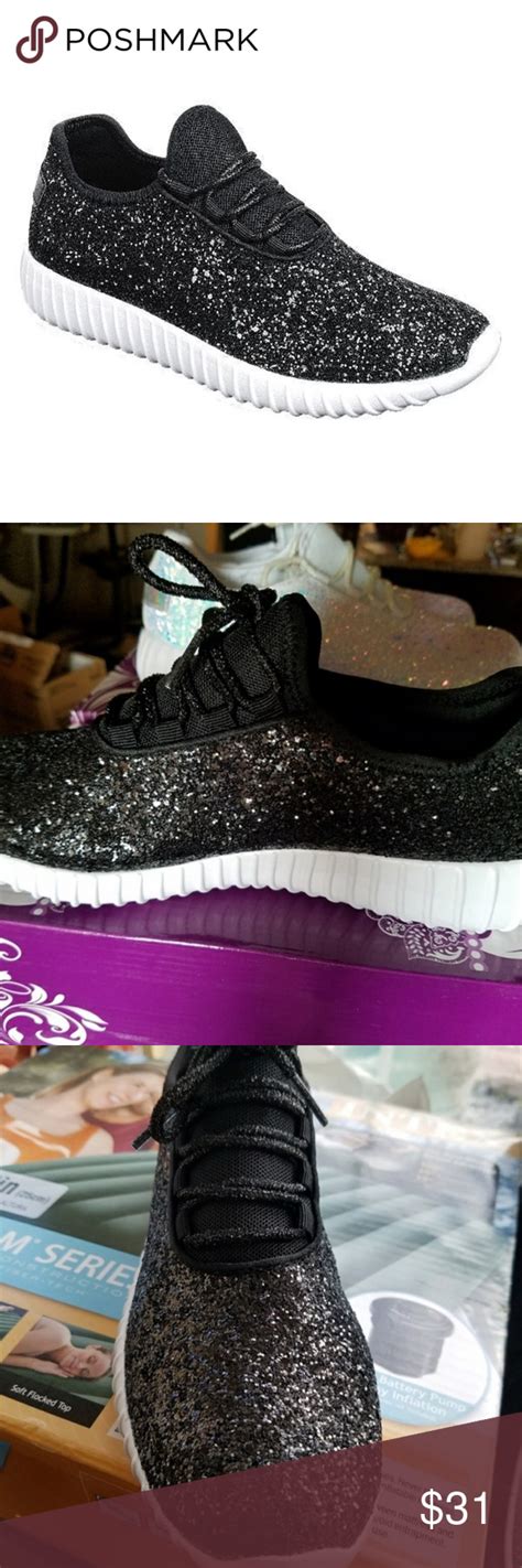 New Womens Black Glitter Sneakers Tennis Shoes Glitter Sneakers