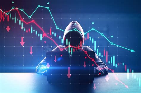 Hacker In Hoodie Sitting At Desk And Using Laptop With Falling Red Forex Chart And Map On Dark