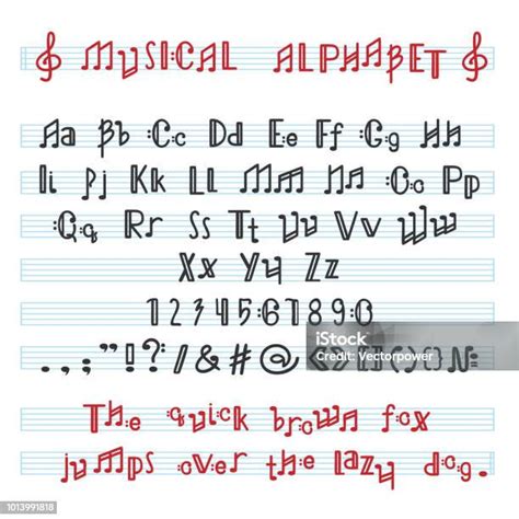 알파벳 Abc 알파벳 인쇄 술 그림의 음악 노트 편지와 음악 알파벳 글꼴 사전순으로 벡터 멜로디 활자에 고립 된 흰색 배경