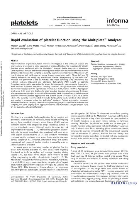 Pdf Rapid Evaluation Of Platelet Function Using The Multiplate R Analyzer