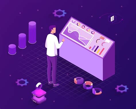 Premium Vector Isometric Digital Monitor With Infographics The Character Analyzes Statistical
