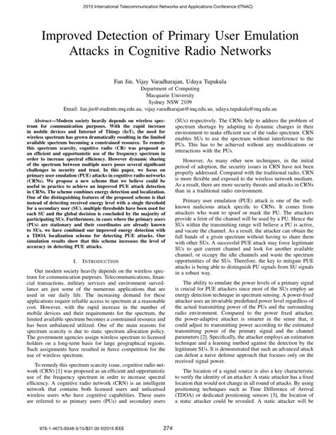 Pdf Improved Detection Of Primary User Emulation Attacks In Cognitive