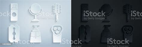 애프터 셰 이브 헤어 브러시 블레이드 면도기 전기 헤어 클리퍼 면도기 손 거울 및 면도 젤 폼 아이콘을 설정합니다 벡터 3차원 형태에 대한 스톡 벡터 아트 및 기타 이미지