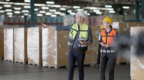 전문 남성 관리자 및 여성 부문 책임자는 하드 모자를 착용하고 제품 상자가있는 선반으로 가득 찬 소매 창고의 디지털 태블릿에