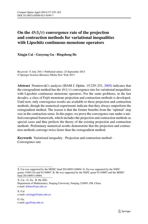 Pdf On The O1t Convergence Rate Of The Projection And Contraction