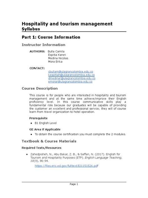 Hospitality And Tourism Management Syllabus Pdf