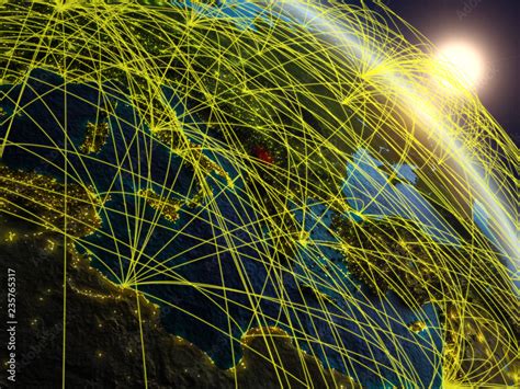 Kosovo From Space On Realistic Model Of Planet Earth With Network Concept Of Digital Technology