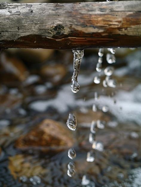closeup of water droplets falling from wooden log over stream premium