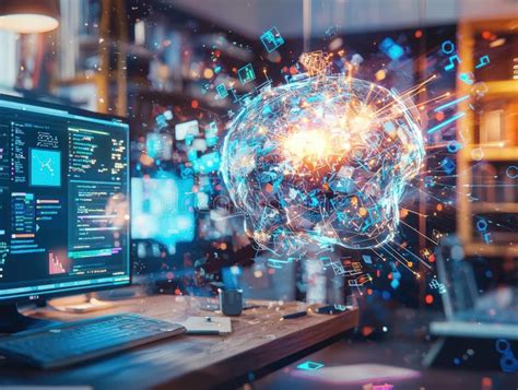 A Modern Workspace Featuring A Computer Displaying Code And An Abstract Representation Of