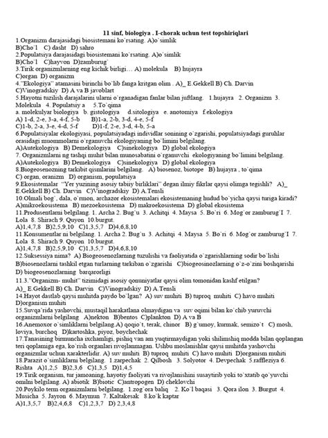 11 Sinf Biologiya Fanidan Testlar 2 Pdf