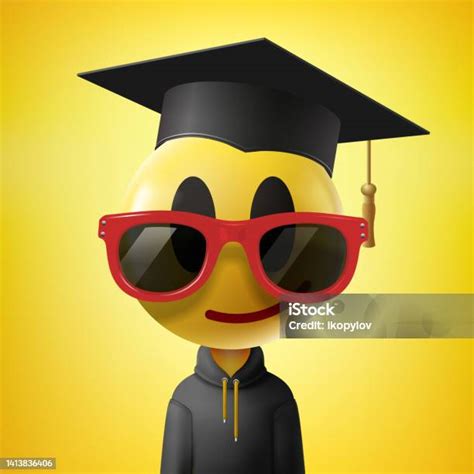 학교 졸업 이모티콘으로 돌아 가기 졸업 모자와 선글라스에 웃는 얼굴 재미있는 만화 스타일의 교육 이모티콘 캐릭터 벡터 일러스트레이션 이모티콘에 대한 스톡 벡터 아트 및 기타