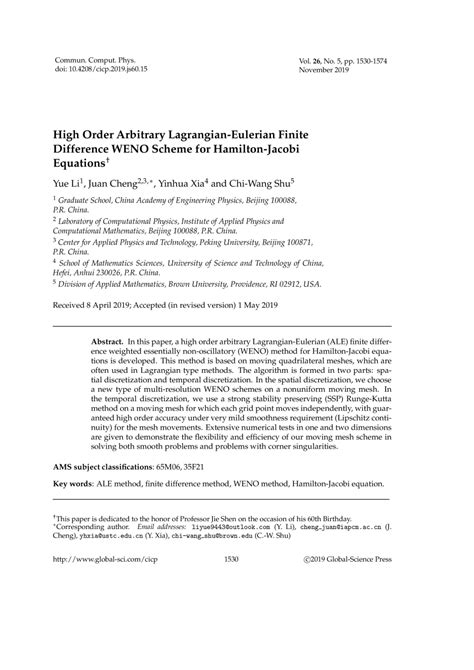 global science press high order arbitrary lagrangian eulerian finite