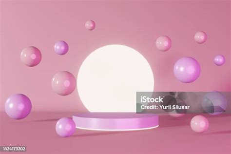 보라색 핑크 네온 실린더 연단 스테이지 3d 렌더링 둥근 받침대 디자인 구성 최소한의 반짝이는 장면 구체를 Abstact 0명에 대한 스톡 사진 및 기타 이미지 Istock
