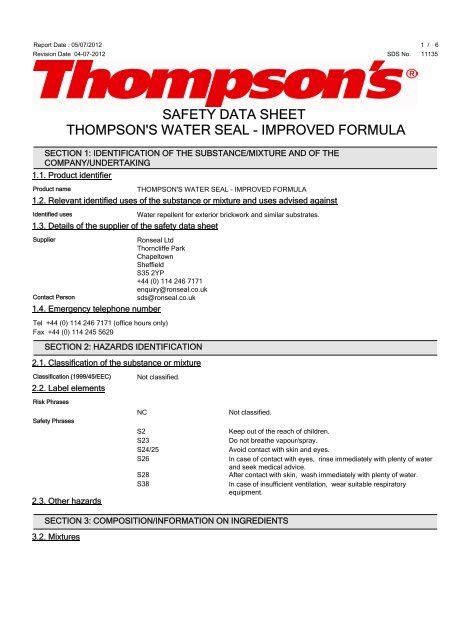 Safety Data Sheet Thompson S Water Seal Improved Formula Toolbank