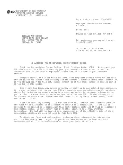 Notice Of Employer Identification Number Ein Assignment For North