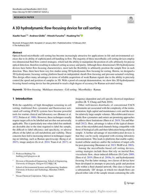 Pdf A 3d Hydrodynamic Flow Focusing Device For Cell Sorting
