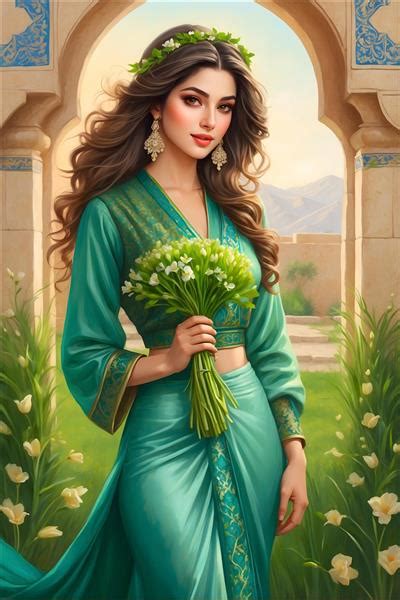 دختر زیبای ایرانی با لباس و شال سبز در بهار و نوروز مجموعه 2 عکس با