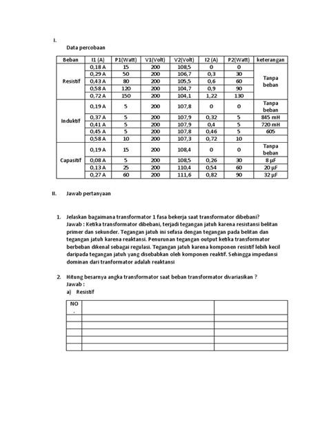 Laporan Job Transformator 1 Fasa Berbeban Pdf