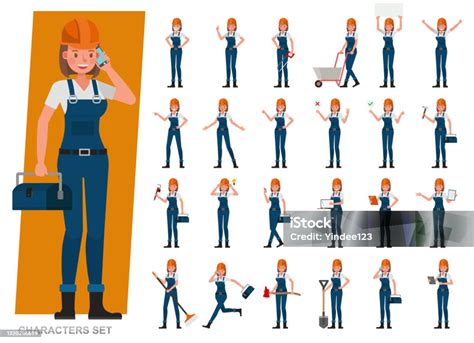 빌더 여성의 세트는 파란색 청바지 작업 문자 벡터 디자인을 착용합니다 감정 달리기 서서 걷기와 함께 다양한 액션으로 프리젠 테이션 작업 장비에 대한 스톡 벡터 아트 및 기타