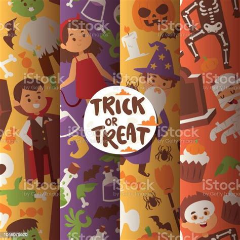 할로윈 아이 복장 핼 파티 의상 벡터 문자 작은 아이 들 할로윈 박쥐 사탕 유령 좀비 아이 의상 재미 만화 소년과 소녀 카니발 파티 웹사이트 배너 10월에 대한 스톡 벡터