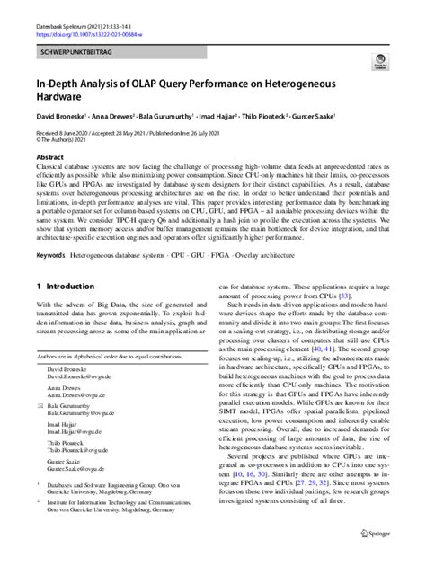 Pdf In Depth Analysis Of Olap Query Performance On Heterogeneous Hardware
