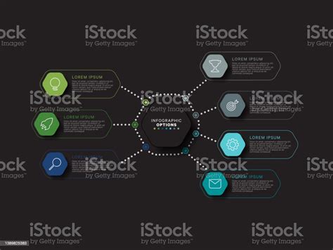 검은 색 배경에 평평한 색상의 일곱 육각형 사실적 요소와 현대 인포 그래픽 템플릿 개념 8단계로 비즈니스 프로세스 정보 시각화 데이터 벡터 Eps10 개념에 대한 스톡 벡터