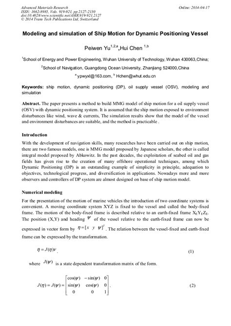 Modeling And Simulation Of Ship Motion For Dynamic Positioning Vessel Scientific Net