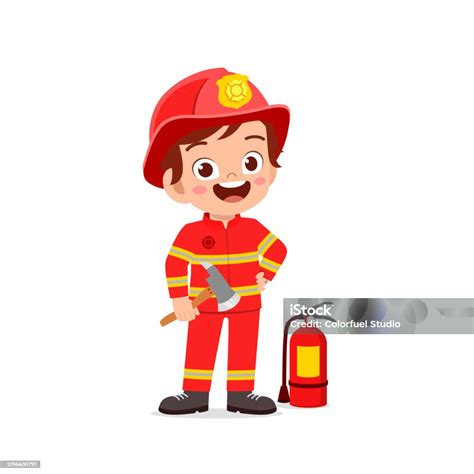 소방관 유니폼을 입고 도끼를 들고 행복한 귀여운 작은 아이 구조에 대한 스톡 벡터 아트 및 기타 이미지 구조 도끼 머리 Istock