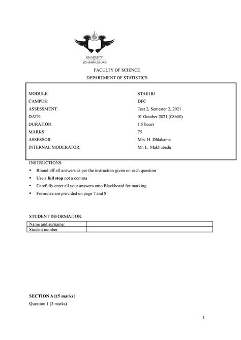 Semester Test MEMO FACULTY OF SCIENCE DEPARTMENT OF STATISTICS MODULE CAMPUS Studocu