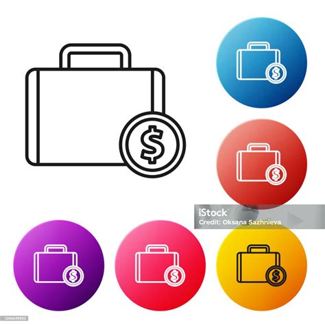 흰색 배경에 격리 된 검은 선 서류 가방과 돈 아이콘 비즈니스 사례 기호입니다 비즈니스 포트폴리오 아이콘 다채로운 원 버튼을 설정합니다 벡터 일러스트레이션 0명에 대한 스톡
