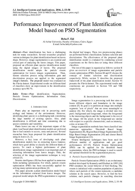 Pdf Performance Improvement Of Plant Identification Model Based On Pso Segmentation