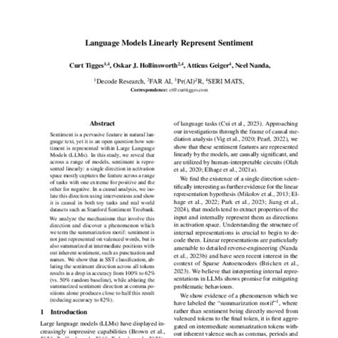 Language Models Linearly Represent Sentiment Acl Anthology