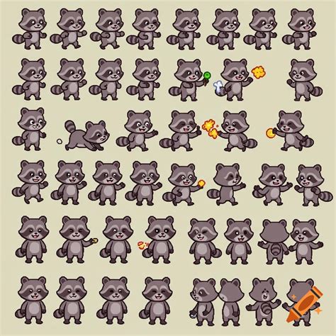 2d Pixel Art Sprite Sheet Of A Cartoon Raccoon Character In Different