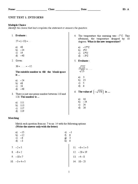 Unit Test 1 Integers Multiple Choice And Short Answer Pdf Discrete