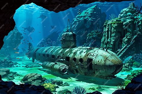 Submarine Floating Underwater With Sunken City And Rocks On The