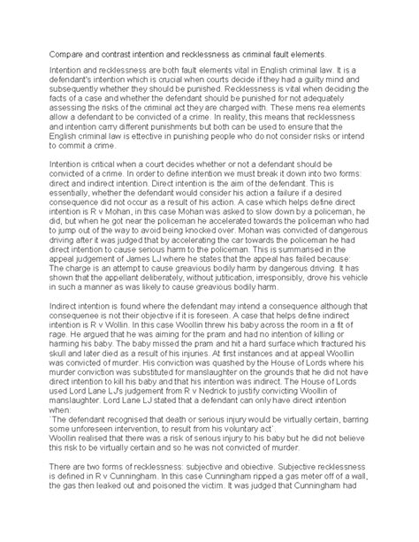 Comparative Analysis Of Intention And Recklessness In Criminal Law