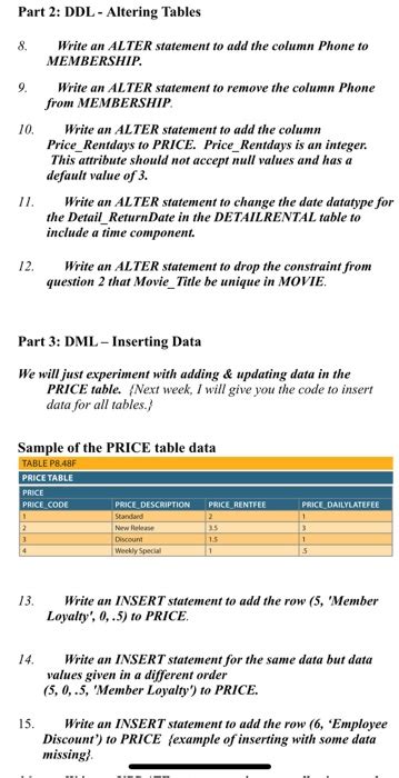 Solved Part 2 Ddl Altering Tables 8write An Alter