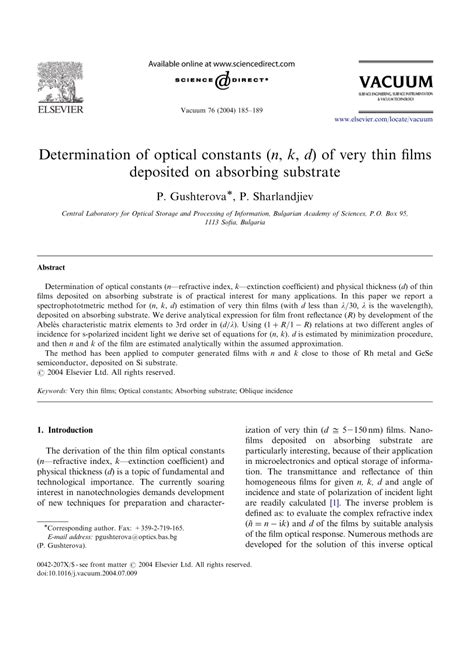 Pdf Determination Of Optical Constants N K D Of Very Thin Films Deposited On Absorbing