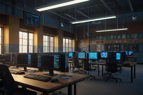 school computer room with coding stations premium ai generated image