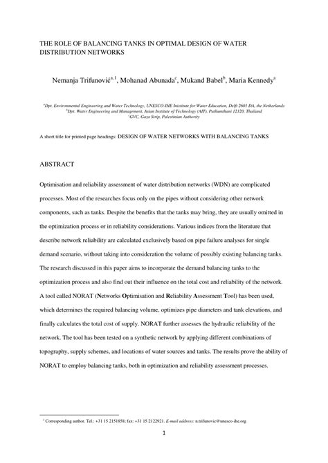 Pdf The Role Of Balancing Tanks In Optimal Design Of Water Distribution Networks
