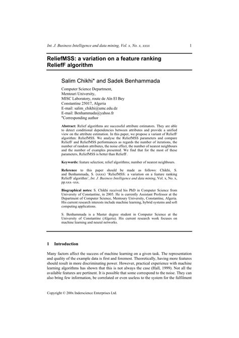 Pdf Reliefmss A Variation On A Feature Ranking Relieff Algorithm