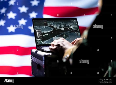 American Cia Officer Isolated Over Usa Flag Monitoring Zone Of Interest