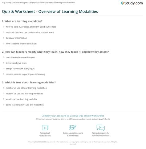 Quiz And Worksheet Overview Of Learning Modalities